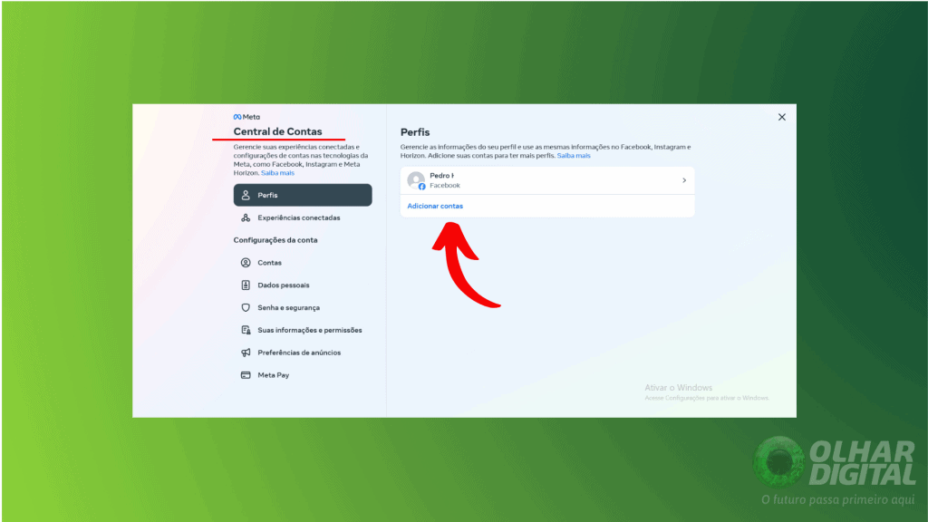 Como adicionar uma conta na Central de Contas da Meta pelo PC ou celular