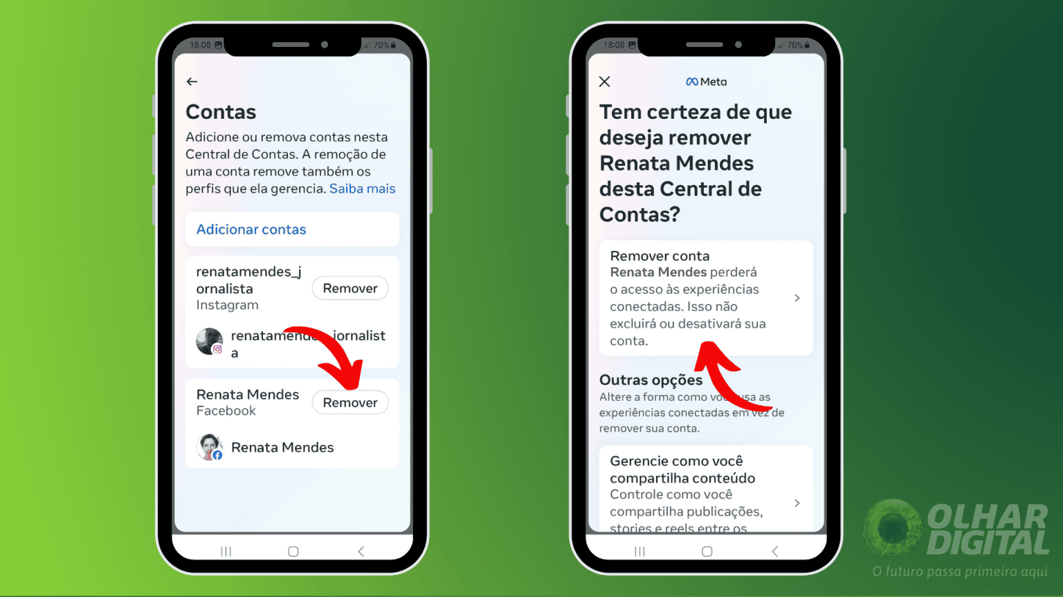 Como remover uma conta na Central de Contas da Meta pelo PC ou celular