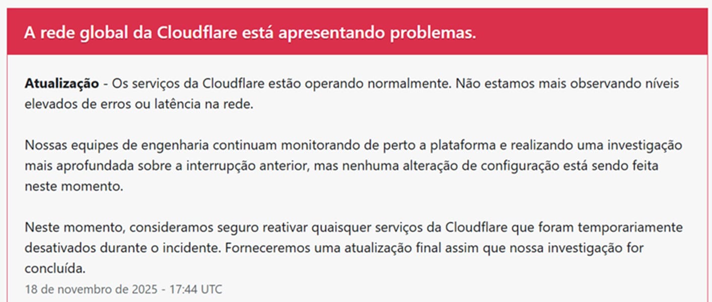 Cloudflare volta ao normal; empresa explicou o motivo da falha